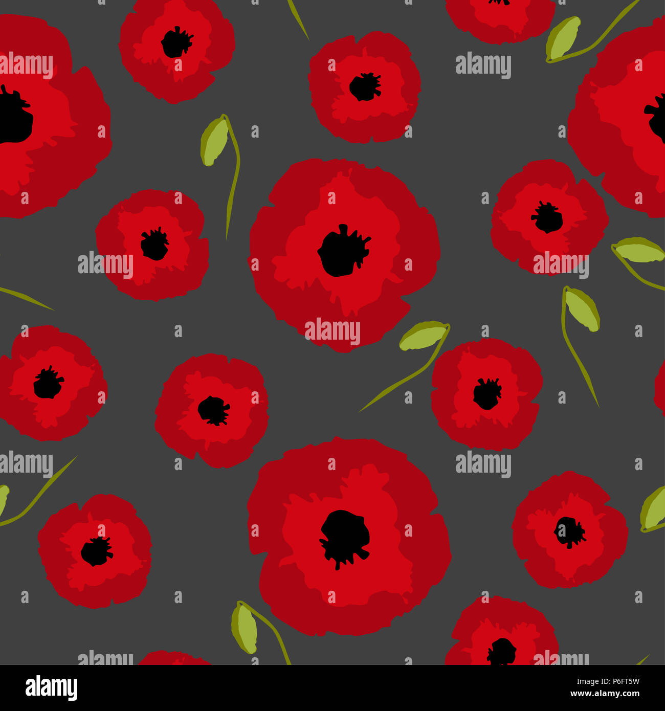 Seamless floral pattern big and small red Poppies flowers with bud on ...