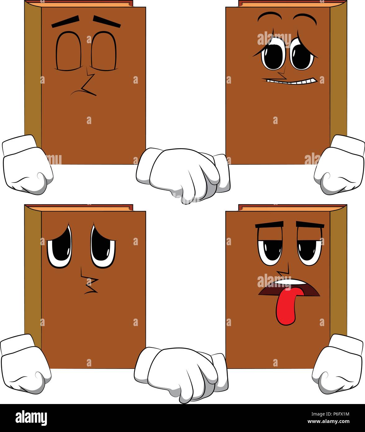 Books making handshake. Cartoon book collection with sad faces ...