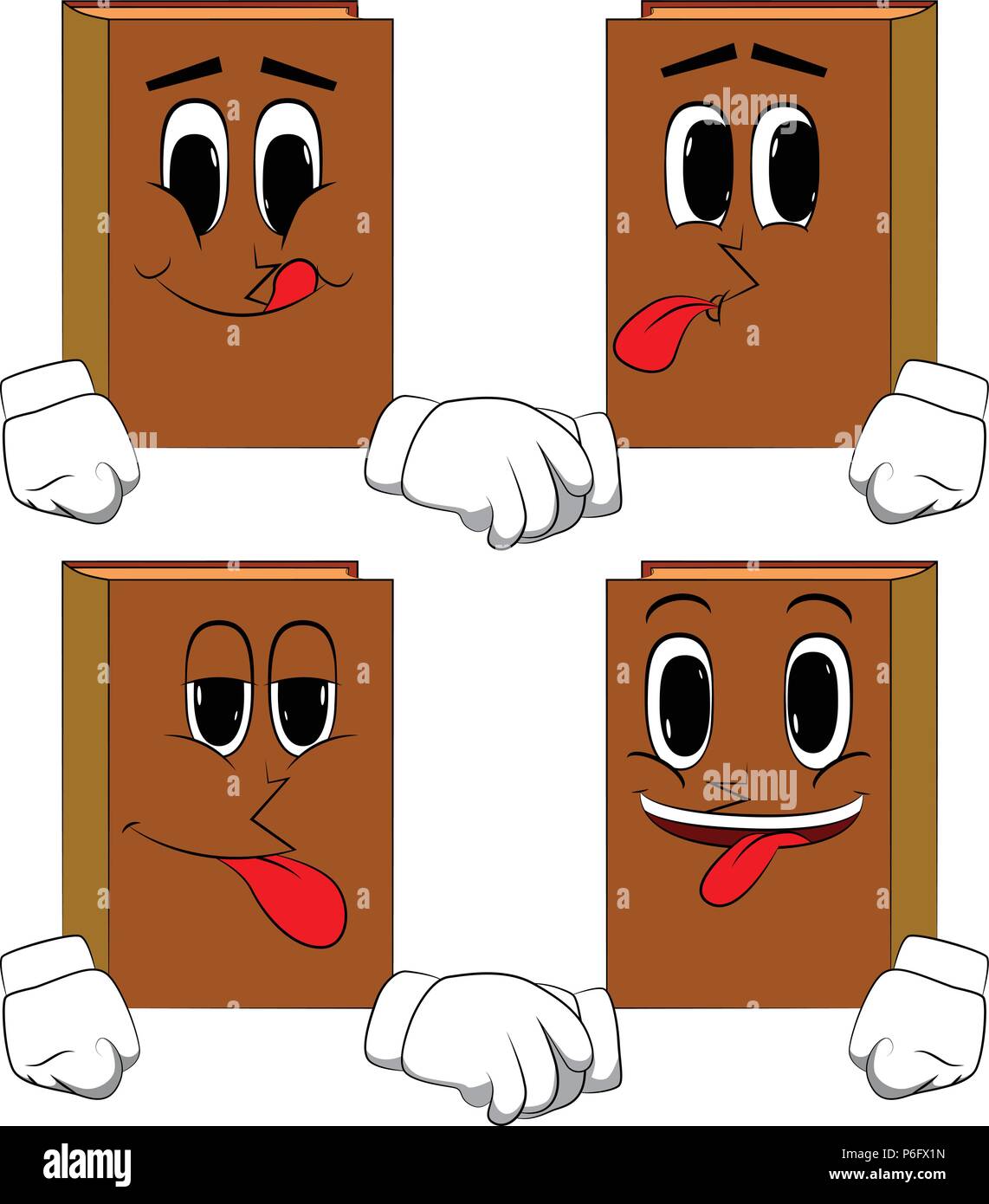 Books making handshake. Cartoon book collection with happy faces ...