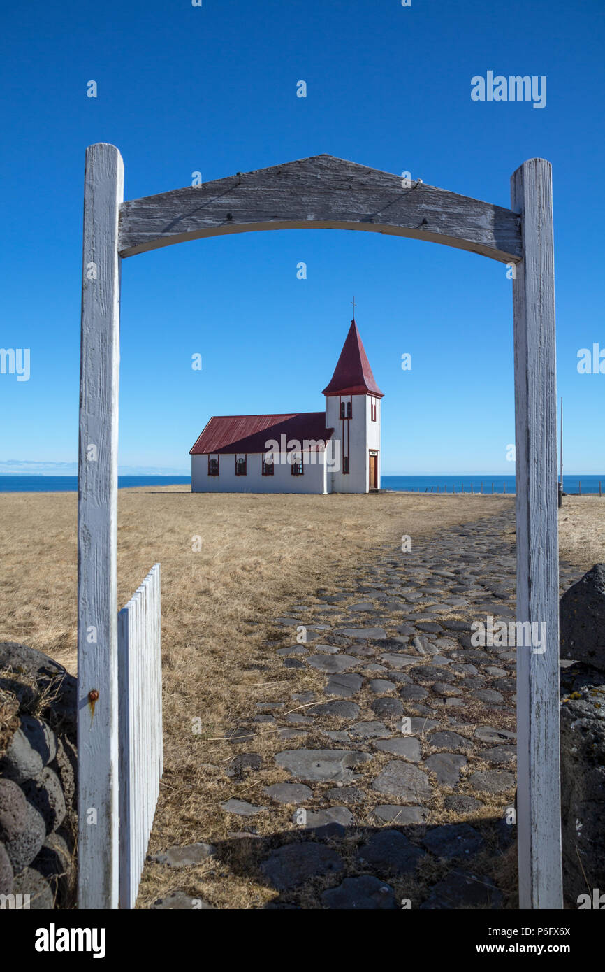 Tiny, red-roofed Hellnar Church on Iceland's Snaefellsnes Peninsula is ...