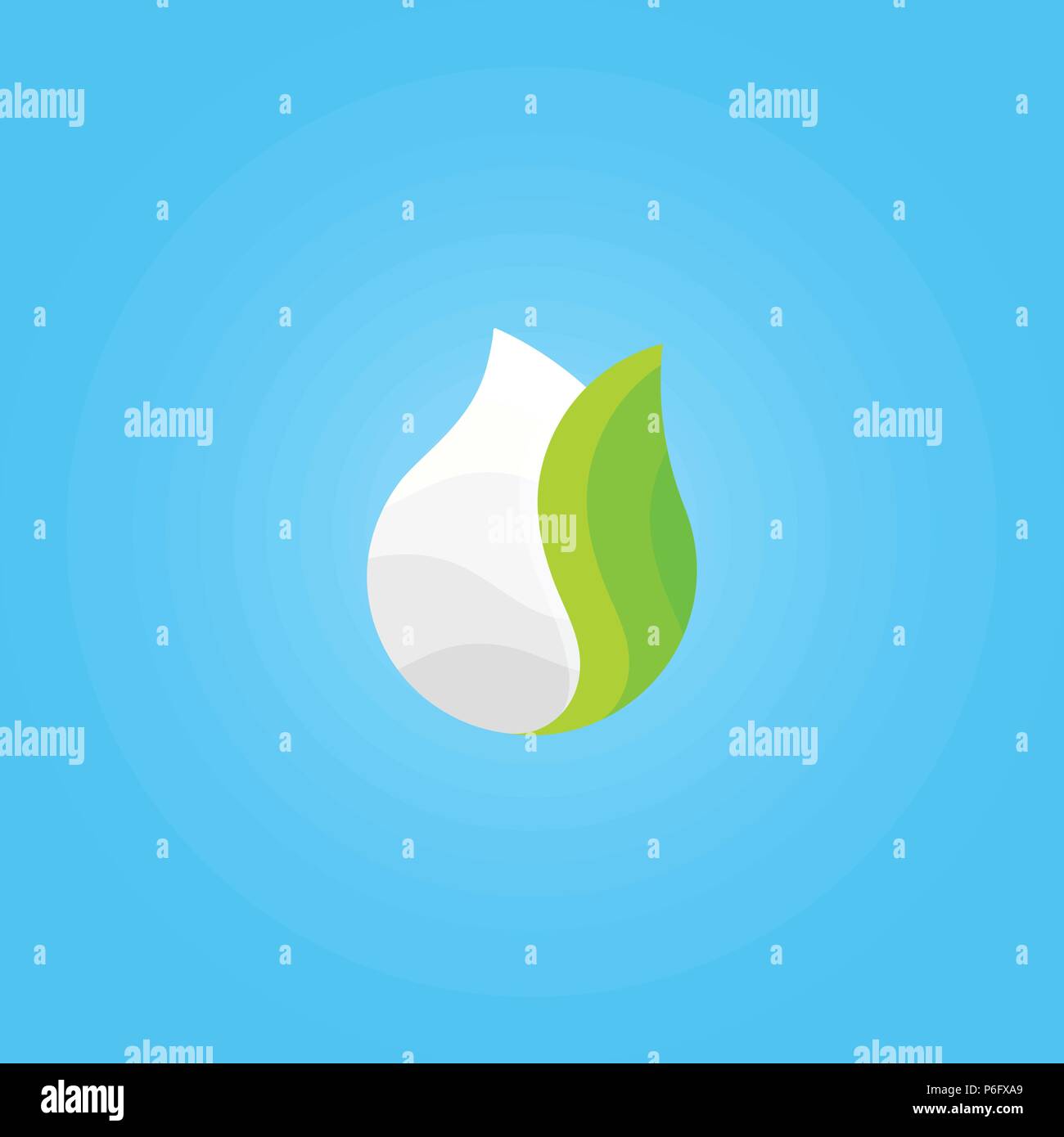 White drop with fresh leave on blue background, vector logo template ...