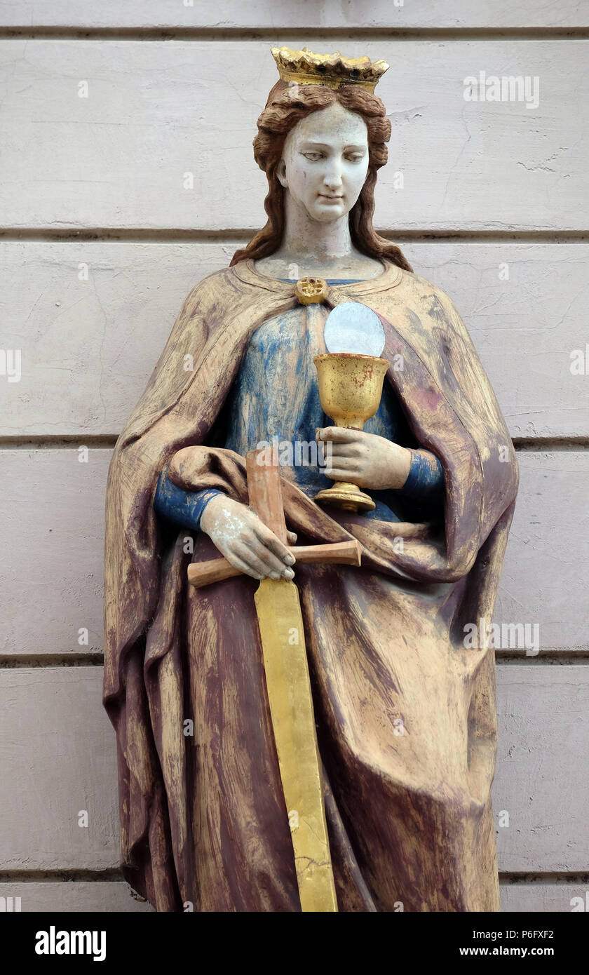Saint Barbara, statue on house facade in Zagreb, Croatia Stock Photo ...