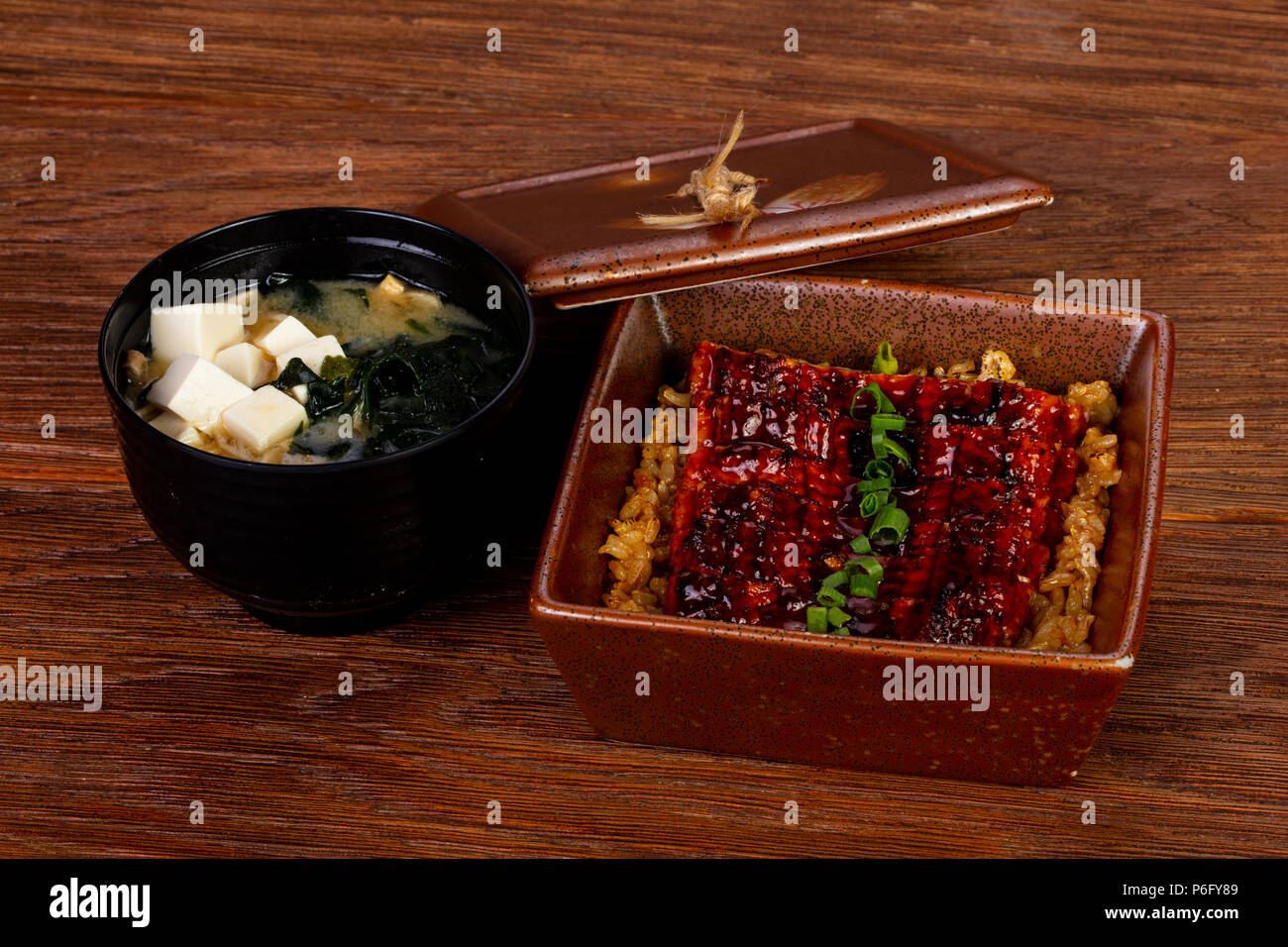 Roasted eel with rice and miso soup Stock Photo - Alamy
