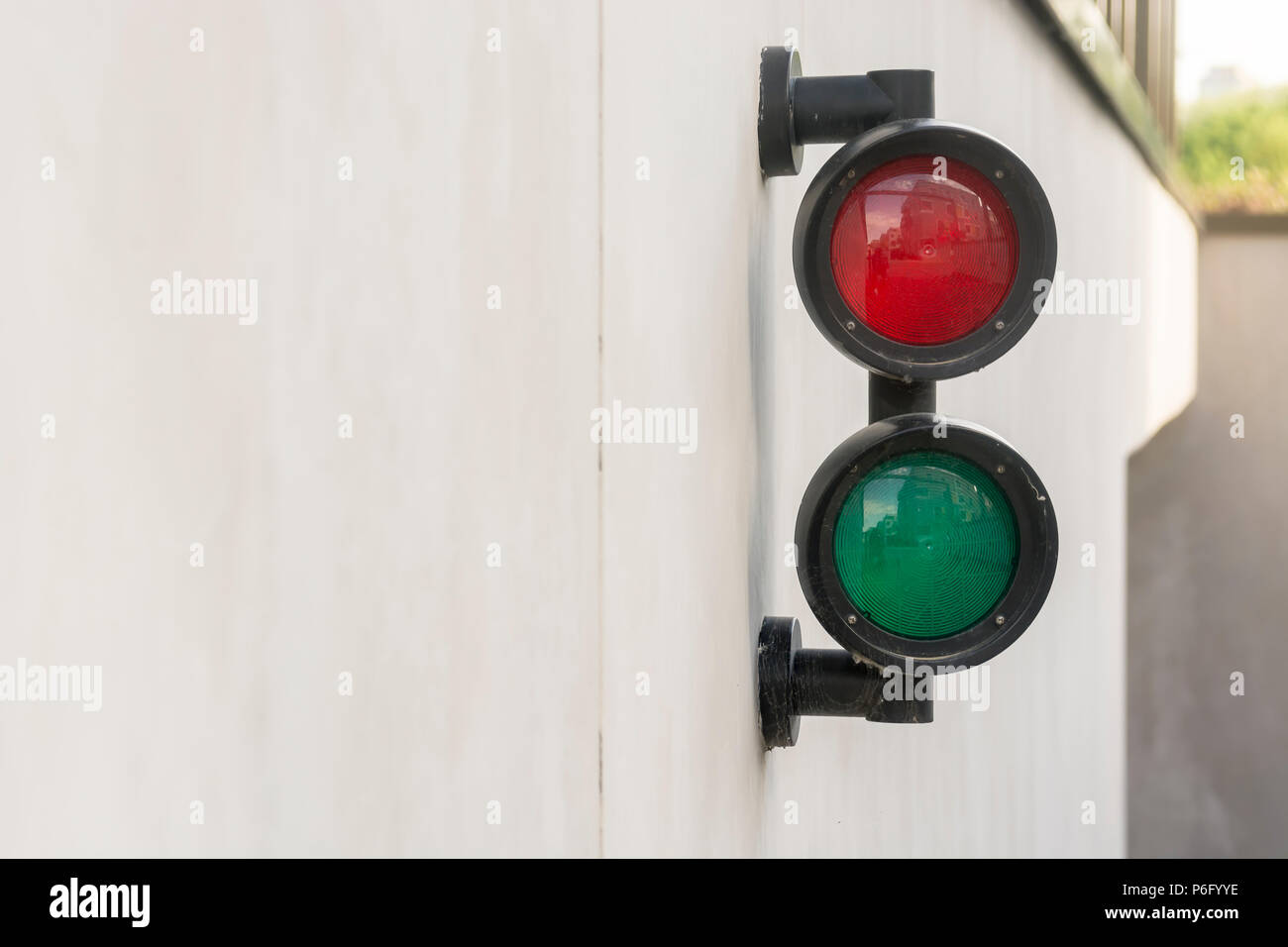 Red and Green Light on white concrete at Parking Garage, car park Stock ...