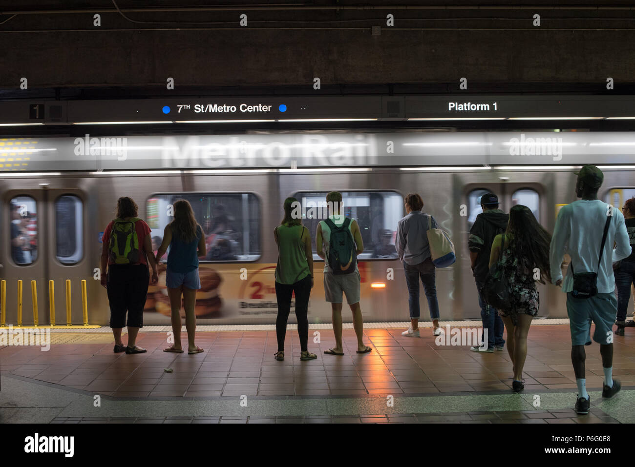 LOS ANGELES, CALIFORNIA - JUNE 29 2018: Commuters in subway station on ...