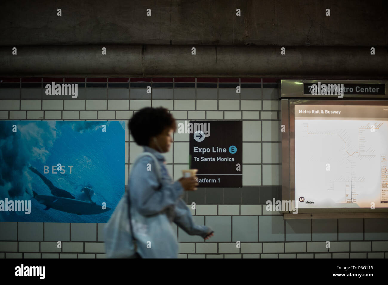 LOS ANGELES, CALIFORNIA - JUNE 29 2018: Commuter in subway station on ...