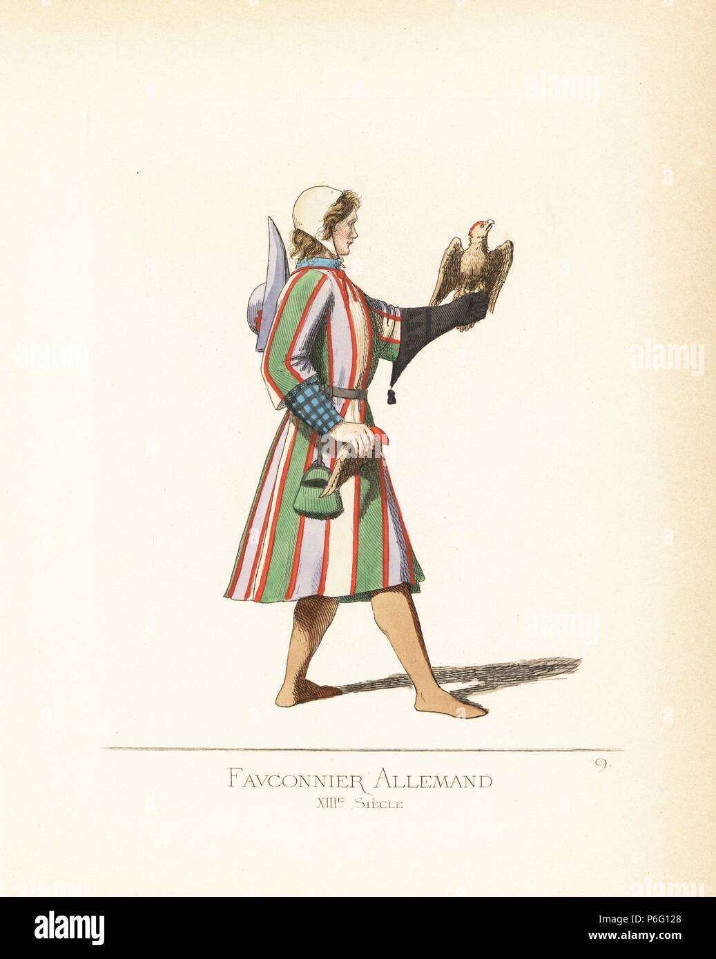German falconer, 13th century. He wears a white cap, striped tunic ...