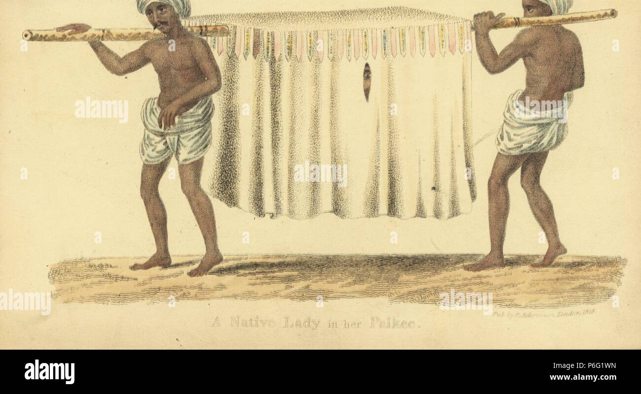 Native lady riding in her curtained palkee (palanquin), borne by two ...