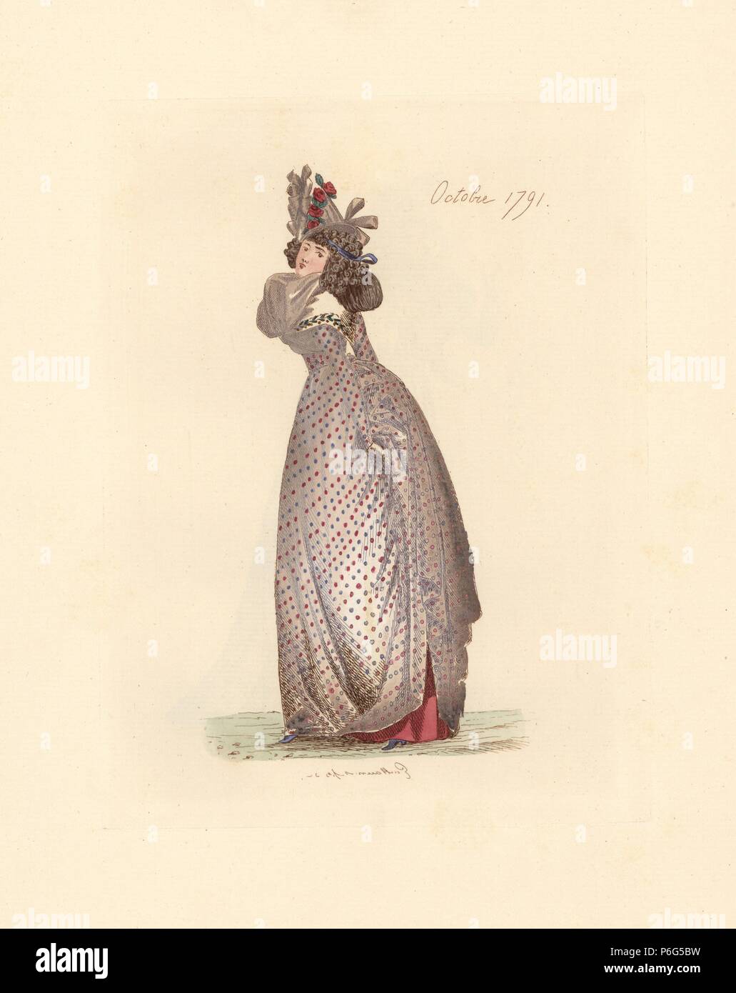 French woman wearing the fashion of October 1791. She wears a bonnet ...
