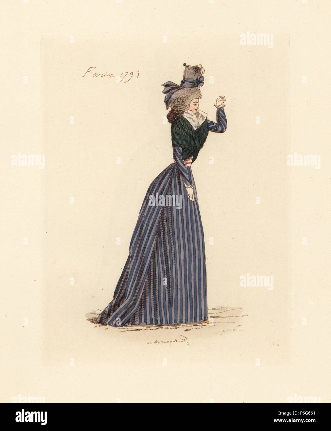 French woman wearing the fashion of February 1793. She wears a bonnet ...