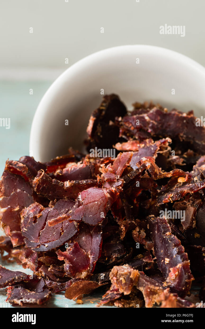 south african biltong, dried out meat cut into small snack size pieces ...