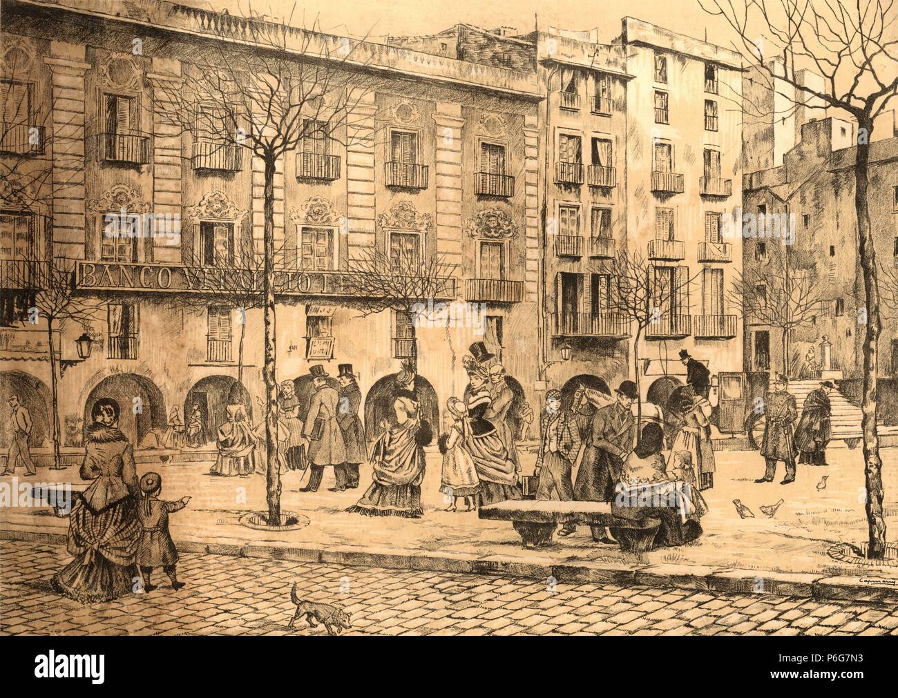 Barcelona. Aspecto de la plaza de San Sebastián en 1880. Grabado de la ...