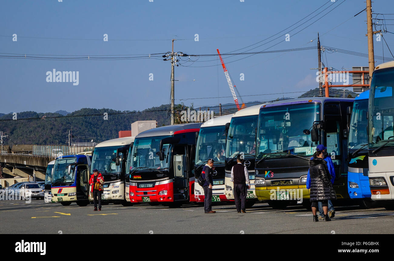 Kyoto, Japan - Dec 25, 2016. Tourist buses at parking lot in Kyoto ...