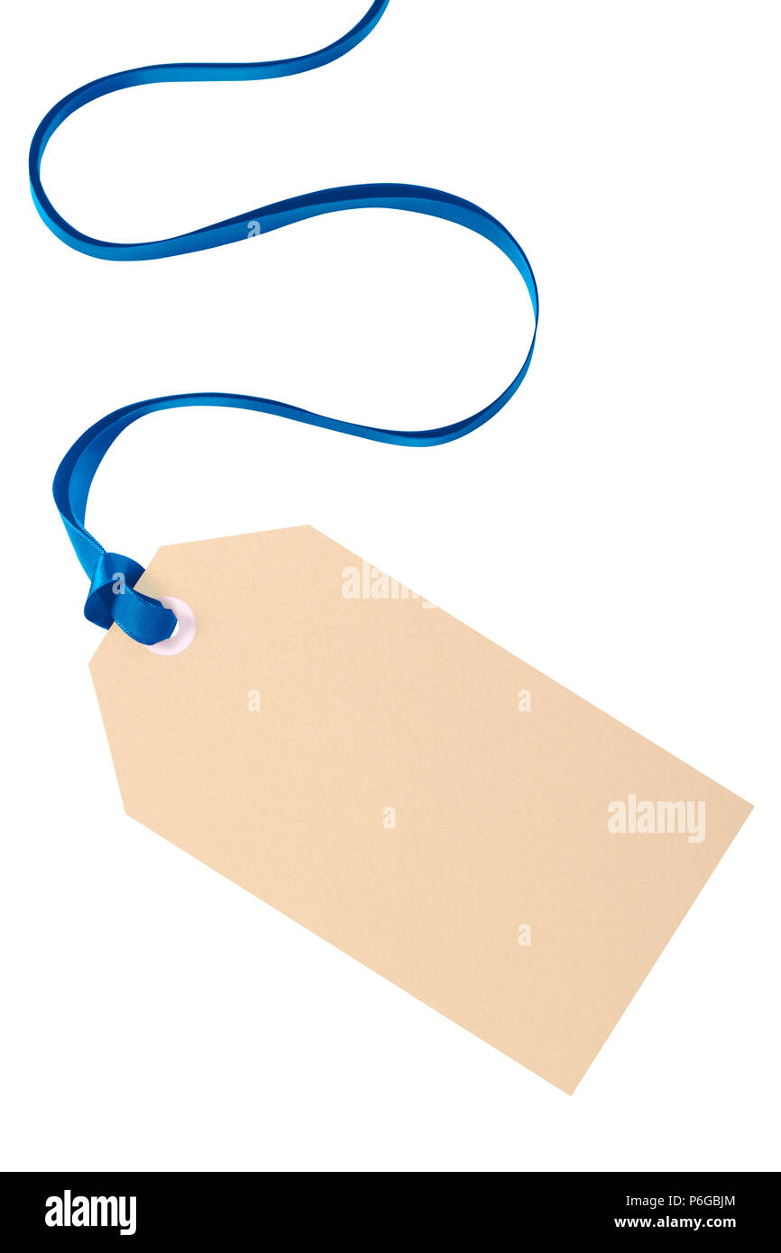 Christmas gift tag with blue ribbon isolated on white background Stock ...