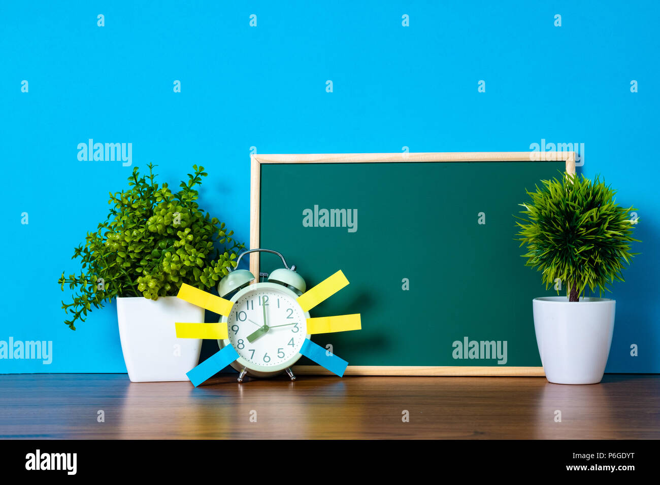 Post it note paper sticky and vintage alarm clock and blank green ...