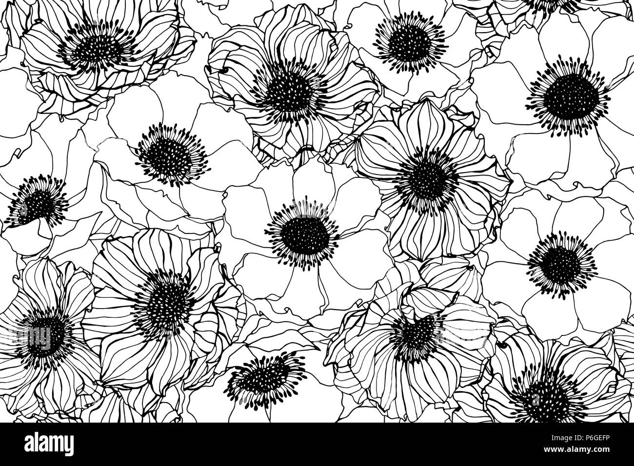 Seamless Anemone flower pattern background. Black and white with ...