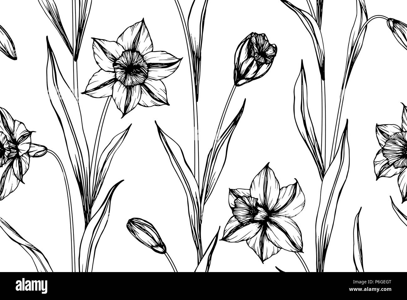 Seamless Narcissus flower pattern background. Black and white with ...