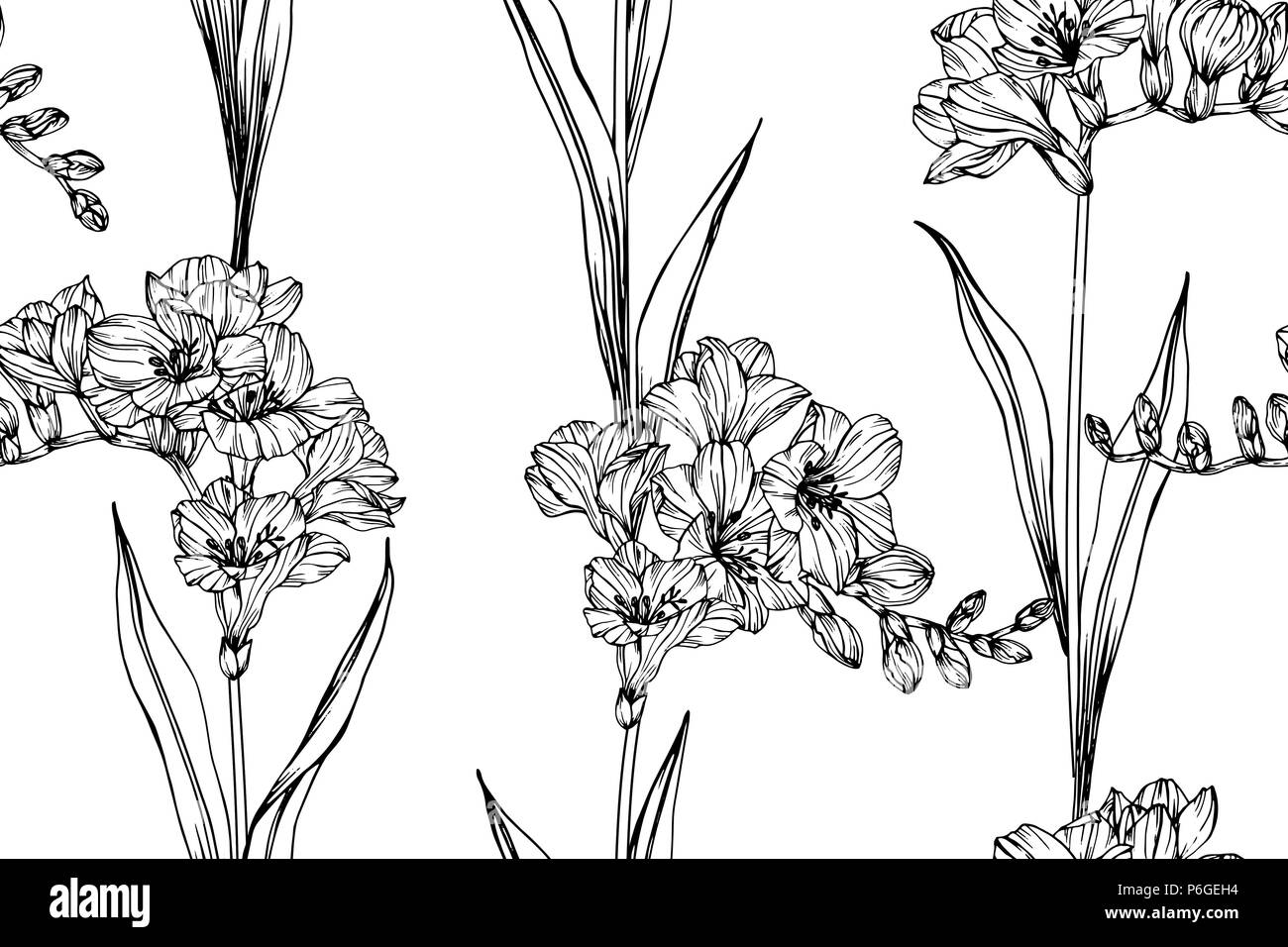 Seamless Freesia flower pattern background. Black and white with ...