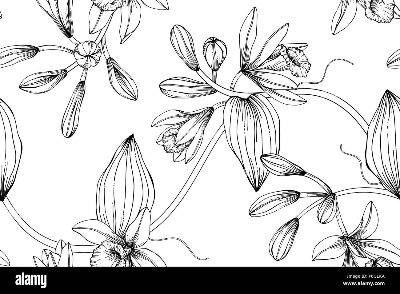 Seamless Vanilla flower pattern background. Black and white with ...