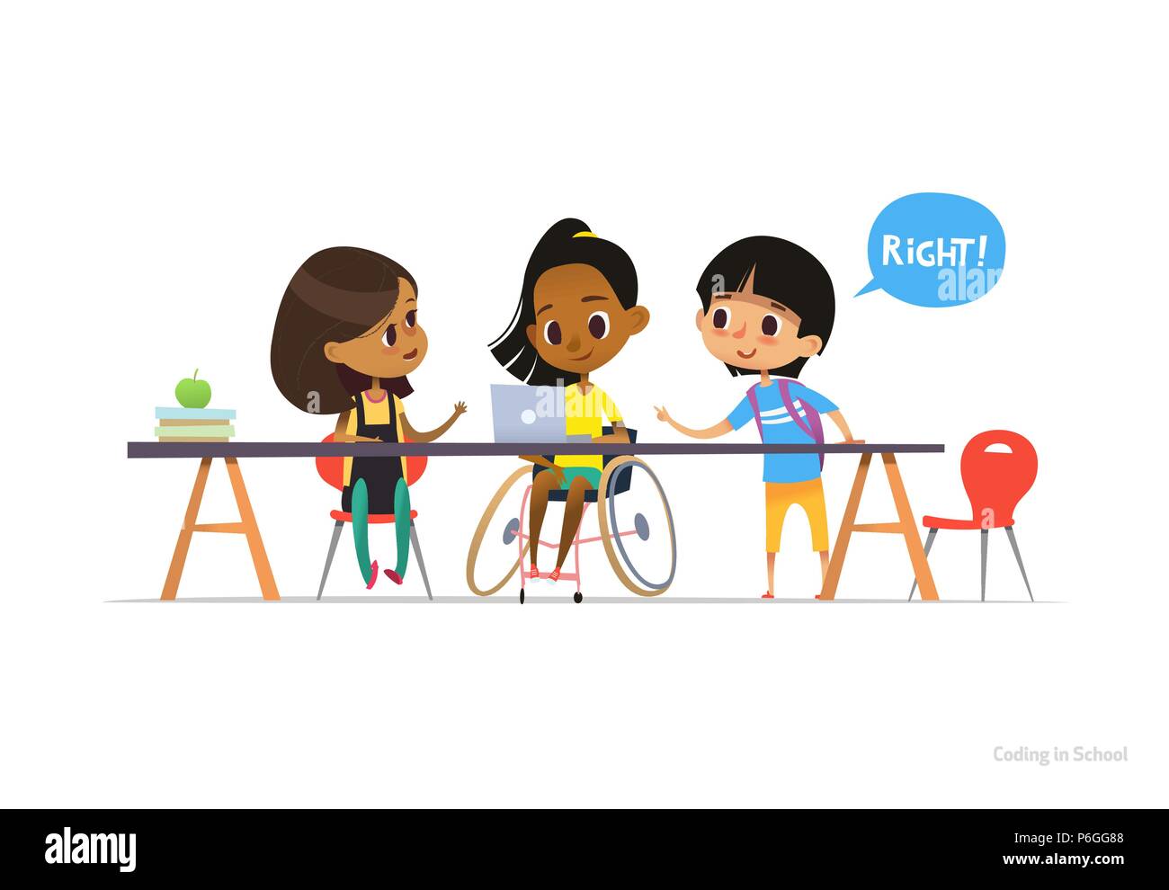 Disabled girl in wheelchair sitting at laptop with pair of school ...