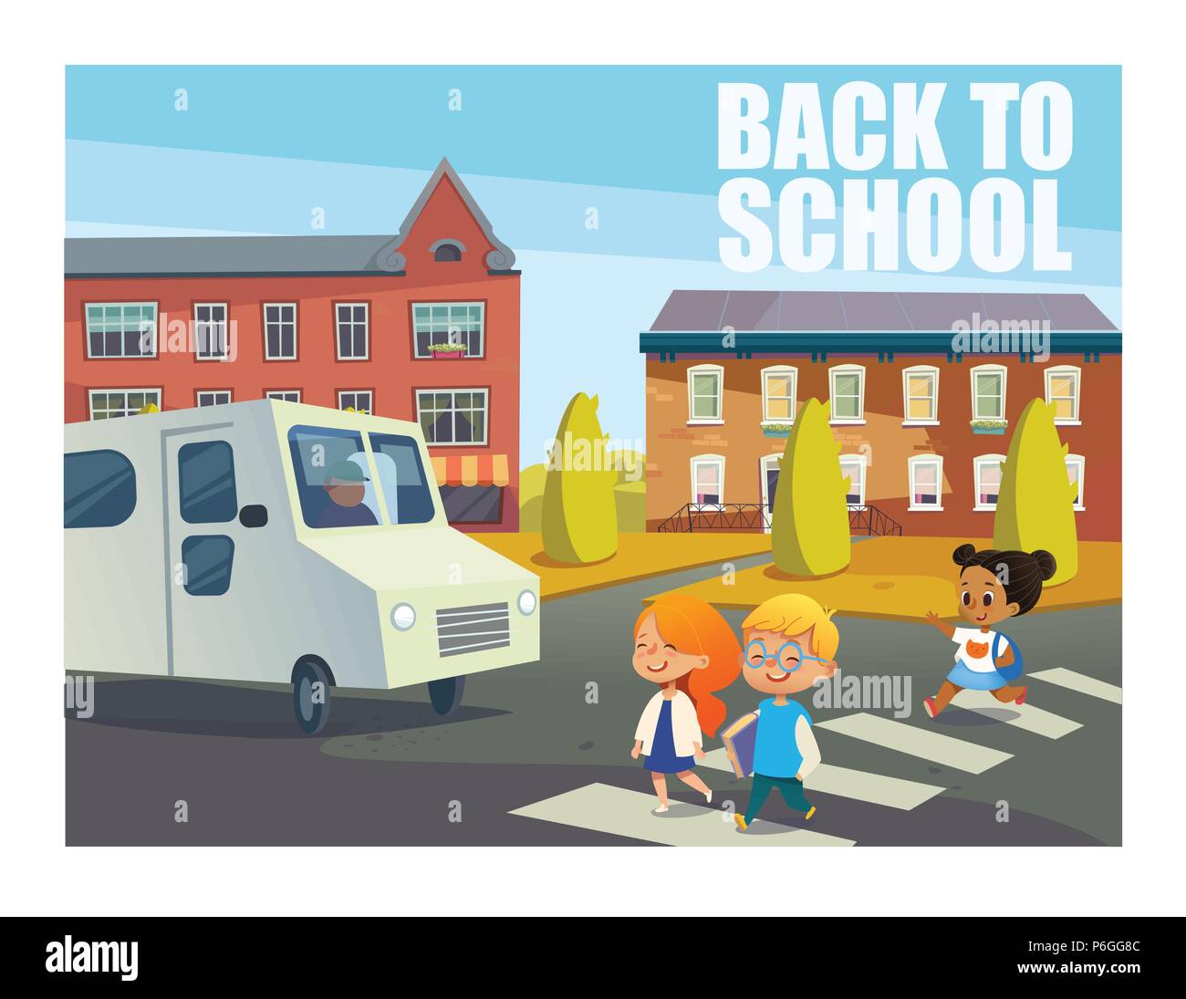 Smiling children crossing street in front of bus. Happy kids walking ...