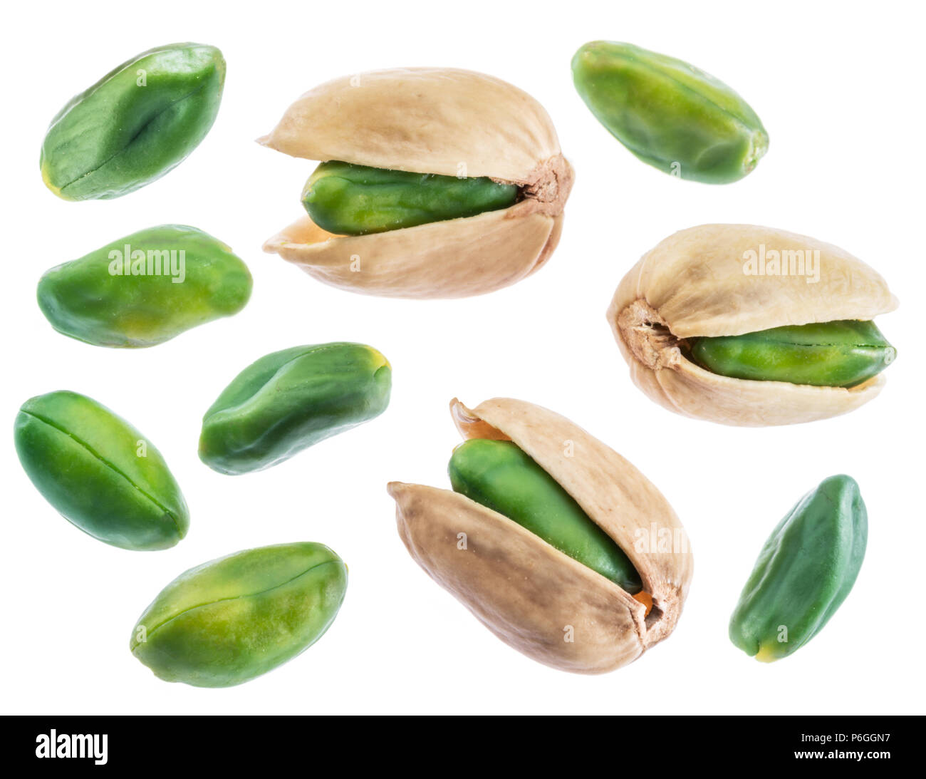 Green pistachio nuts with pistachio shell on white background Stock ...