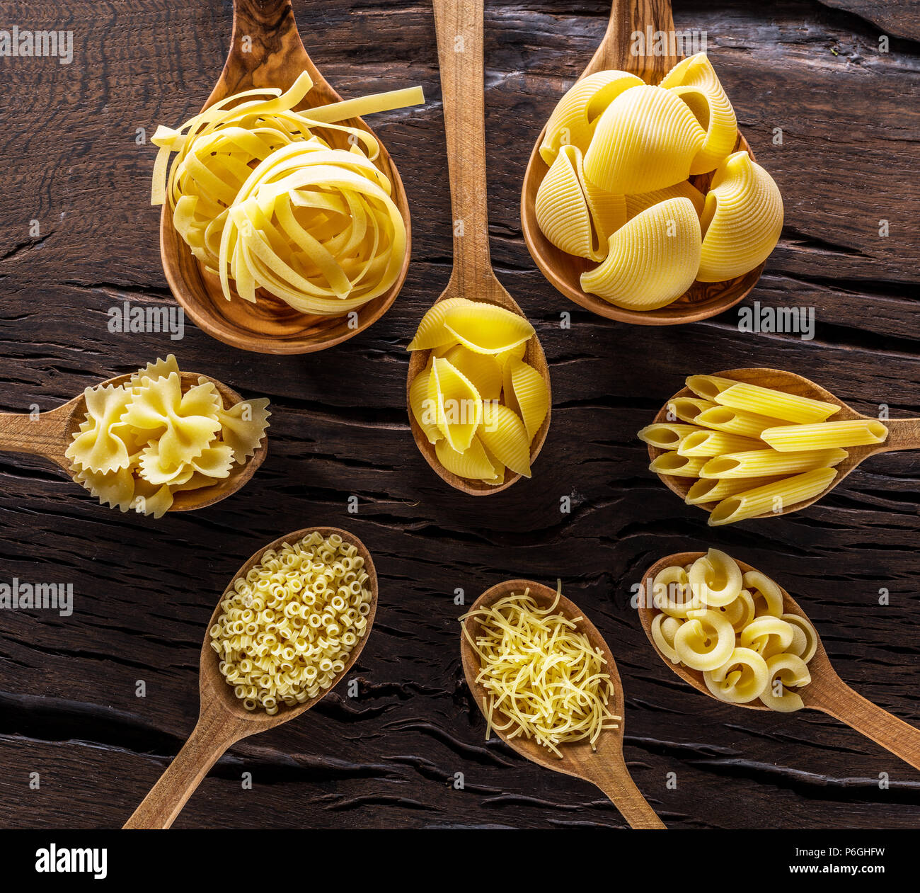 Different pasta types in wooden spoons on the table. Top view Stock ...