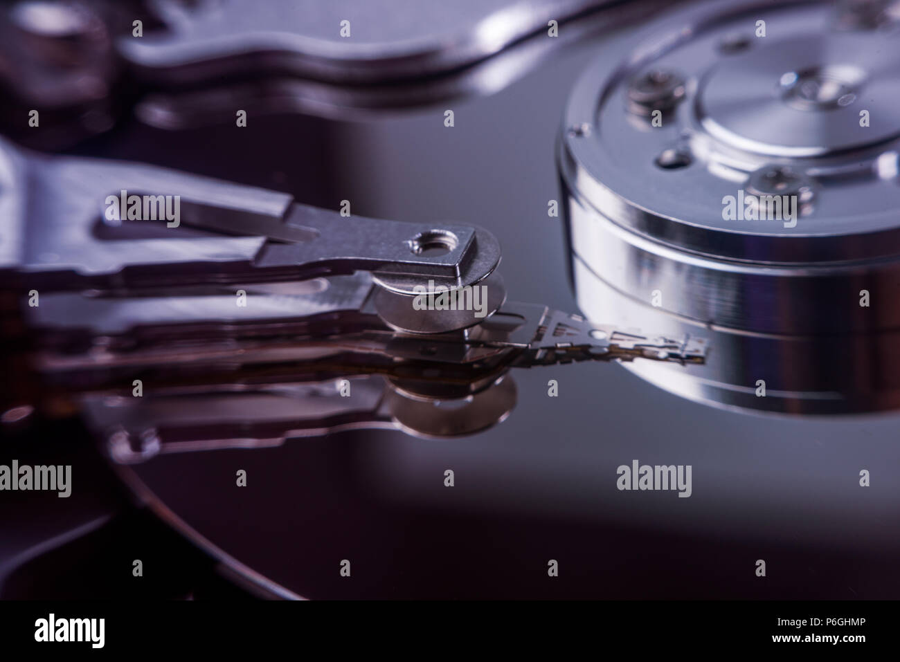 inside of hard disc or PC disc drive, close up or macro photography of ...