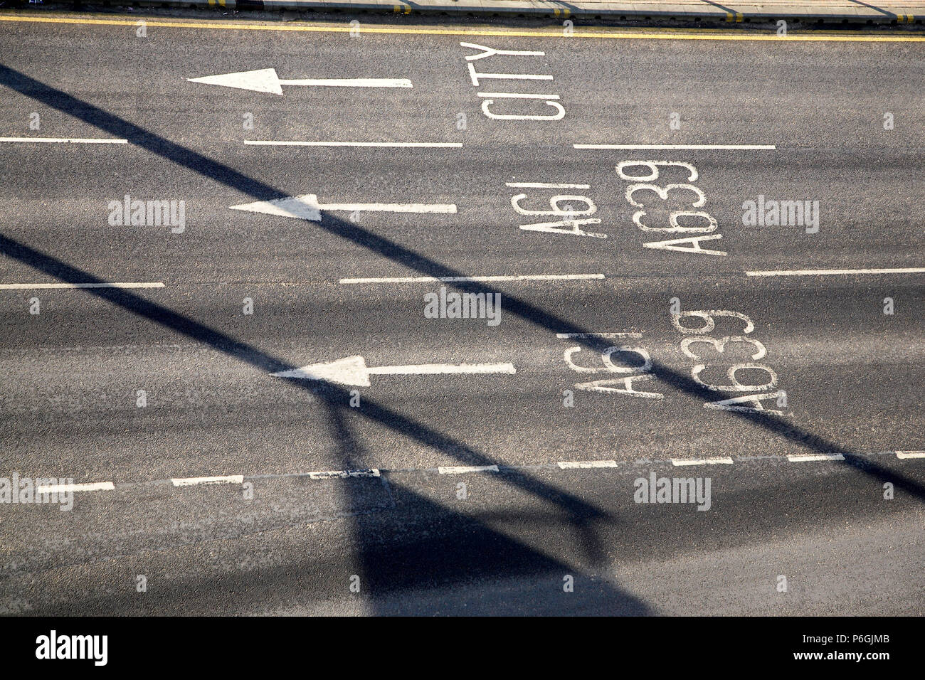 Empty three lane road all one direction shot from high above Stock ...