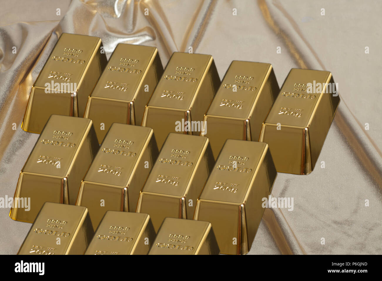Stacked bars of gold bullion on Golden brocade fabric.Financial concept ...