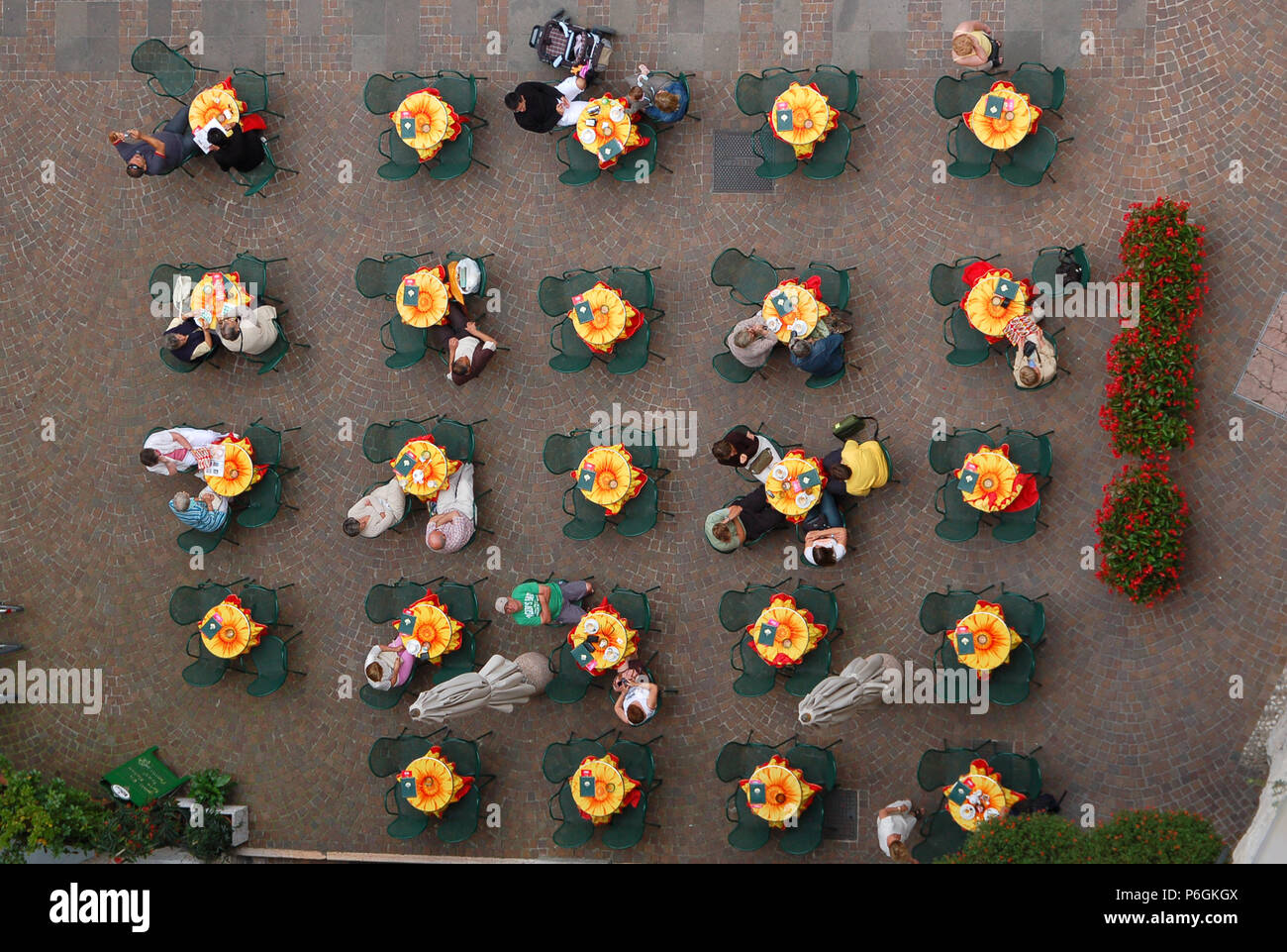 Overhead Aerial View of Tables at a Cafe, Riva del Garda, Italy Stock ...
