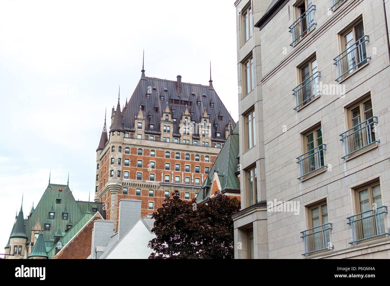 Frontenac castle and modern buildings in Quebec city, Canada Stock ...