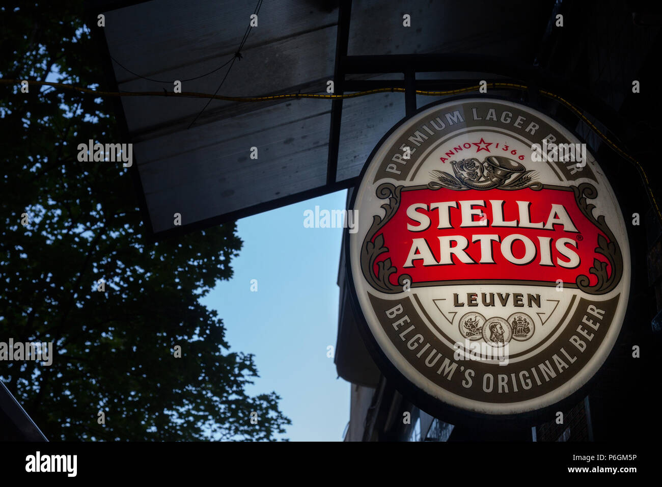 BELGRADE, SERBIA - JUNE 23, 2018: Logo of Stella Artois on a bar sign ...