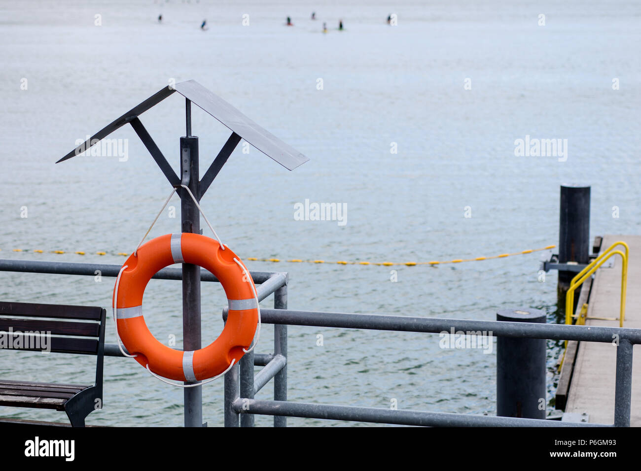 Lifebuoy suspended on the handle at the platform. Lifebuoy accessories ...