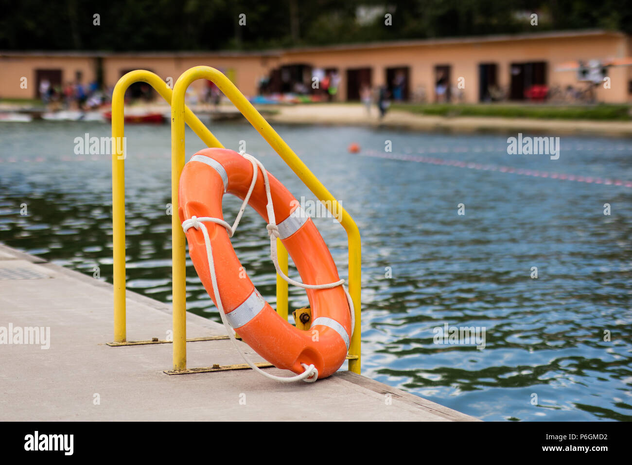 Lifebuoy suspended on the handle at the platform. Lifebuoy accessories ...