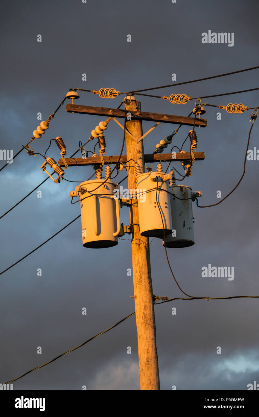 Electrical transformers on a pole Stock Photo - Alamy