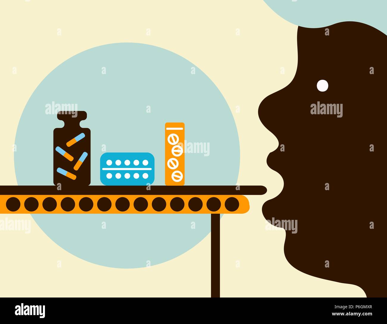 Overdose, conveyor of drugs, man taking pills. Vector illustrtion Stock ...
