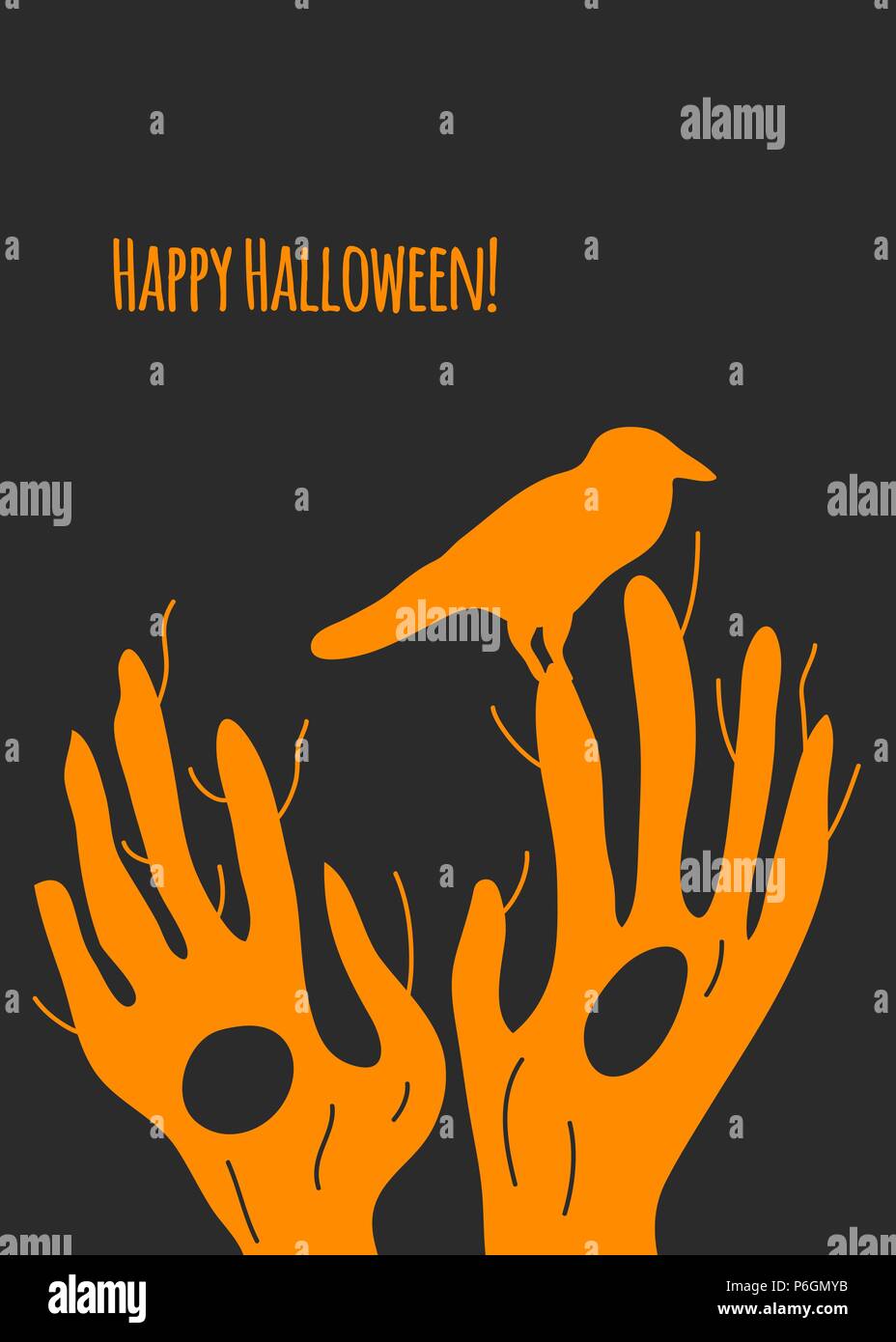 hands trees with crow, scary forest, happy halloween card, sinister ...