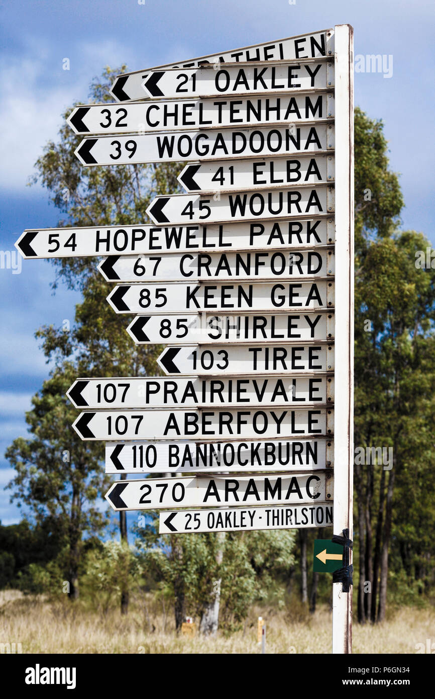 Road sign with places names in remote Queensland, Australia Stock Photo ...