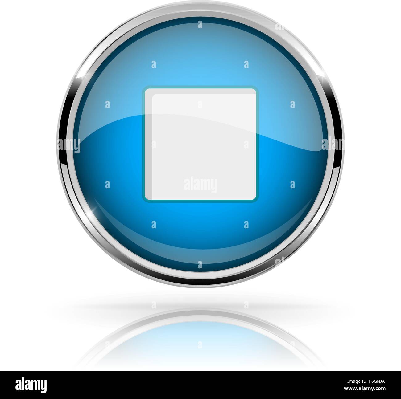 Blue round media button. STOP button. Shiny icon with chrome frame and ...