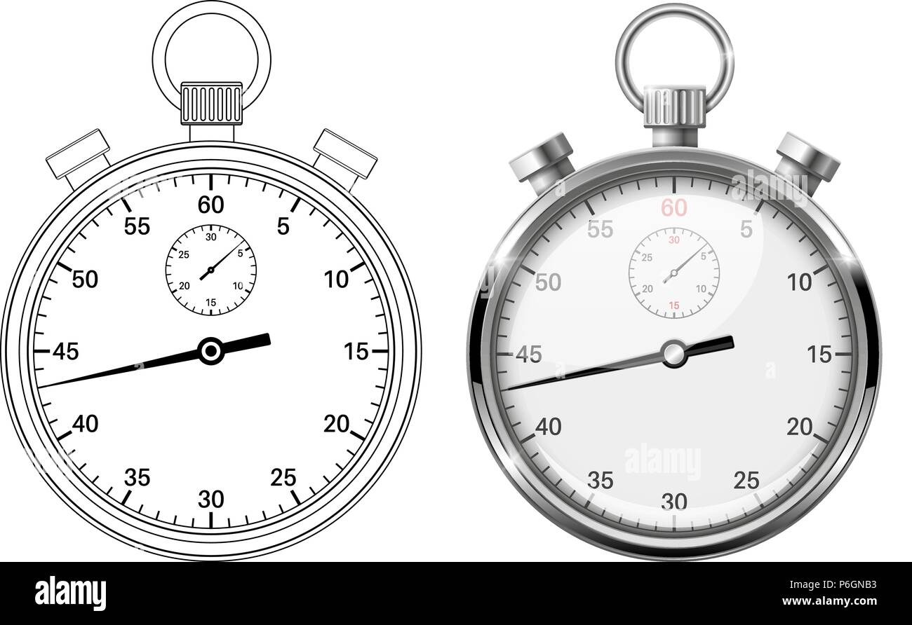 Stop watch. Flat drawing and 3d vector illustration isolated on white ...