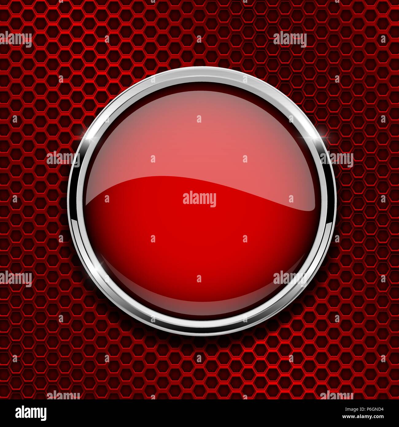 Red round glass button with metal frame on red perforated background ...