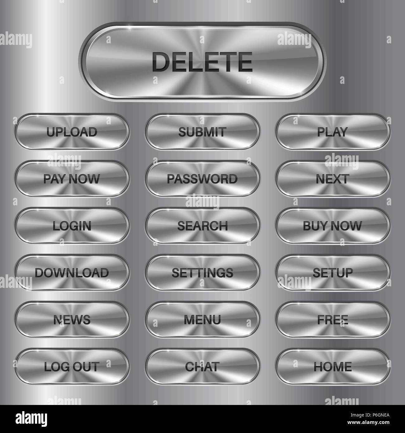 Metal oval buttons set. Stainless steel surface for menu interface ...