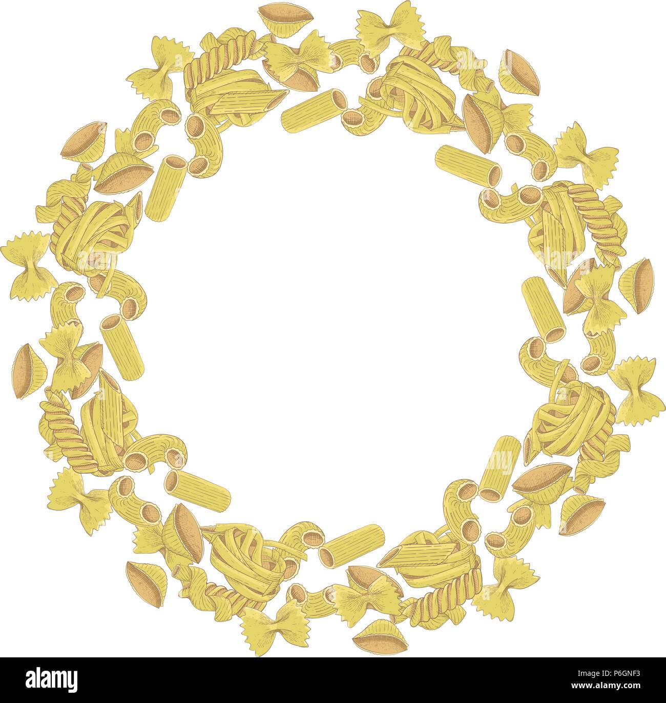 Pasta mix in circle shape. Colored hand drawn sketch Stock Vector Image ...