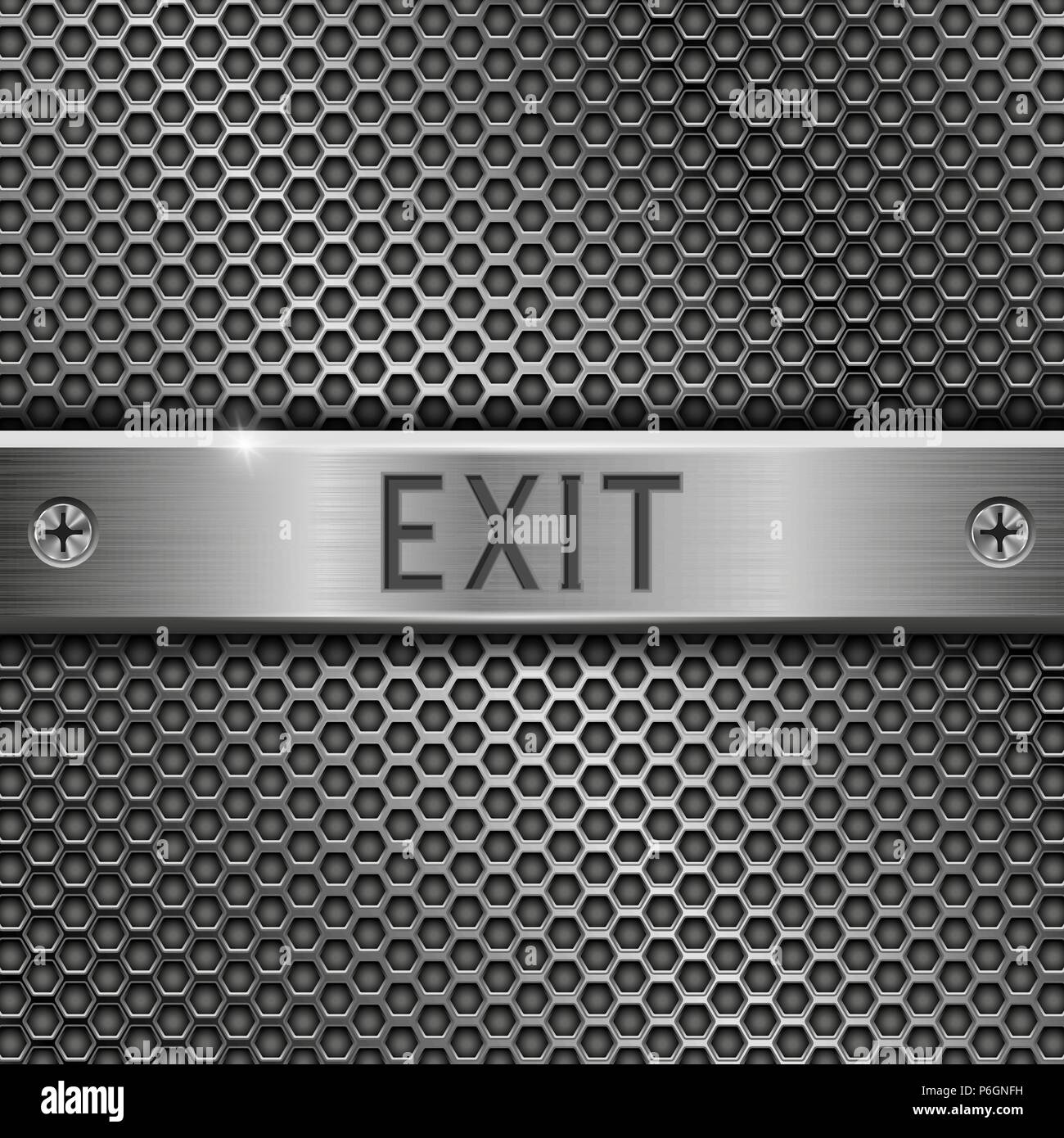 EXIT. Metal plate with inscription on perforated background Stock ...