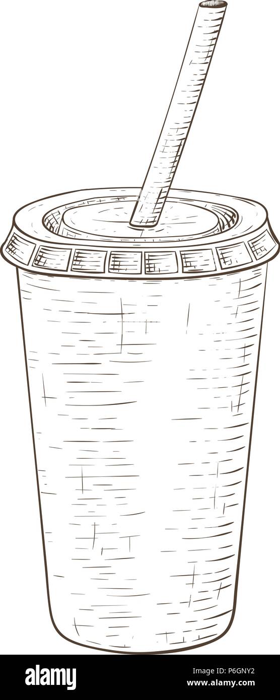 Disposable cup with drinking straw. Hand drawn sketch isolated on white ...