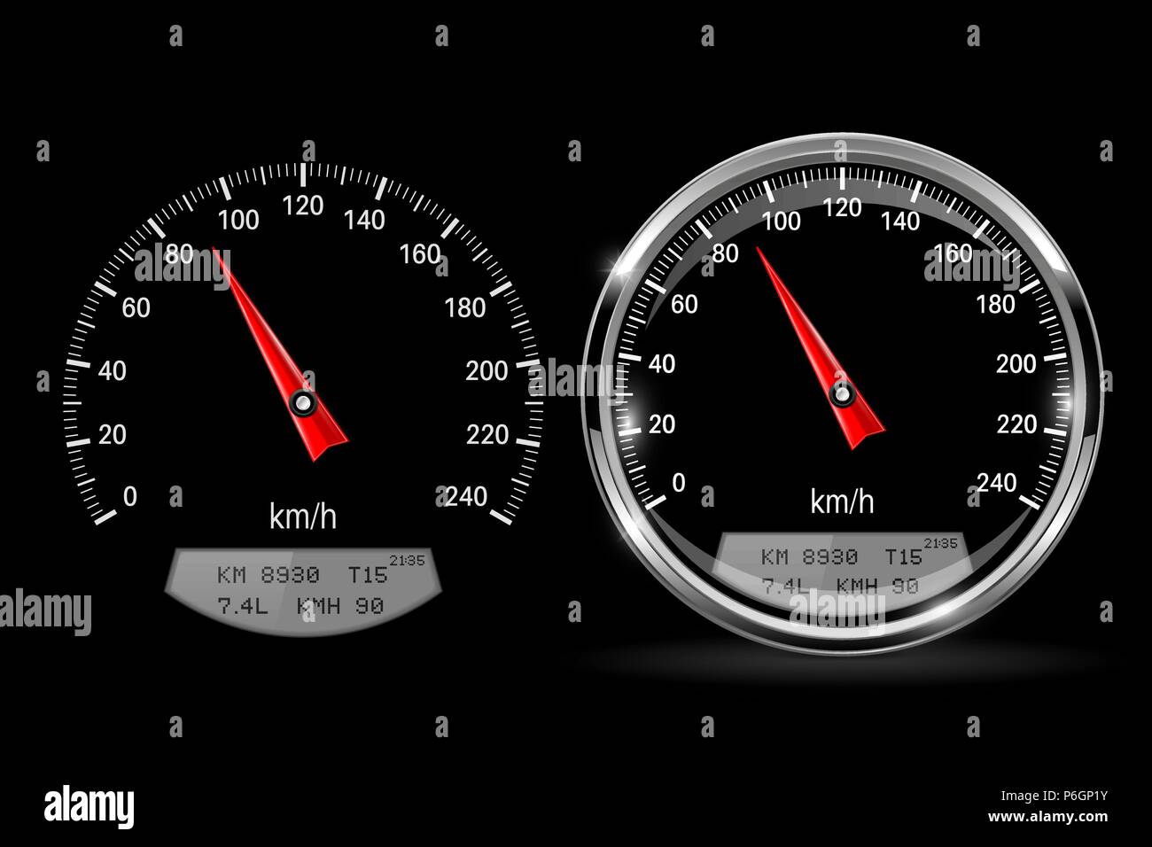 Speedometers. Round black gauge with and without chrome frame Stock ...