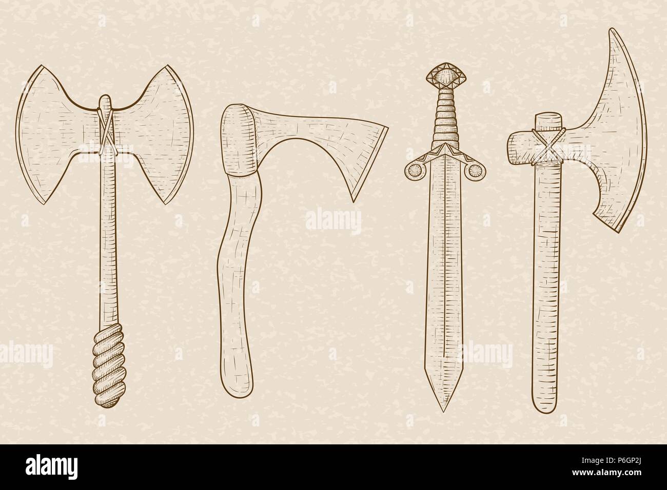Old set of weapons - axes and sword. Hand drawn sketch on beige ...