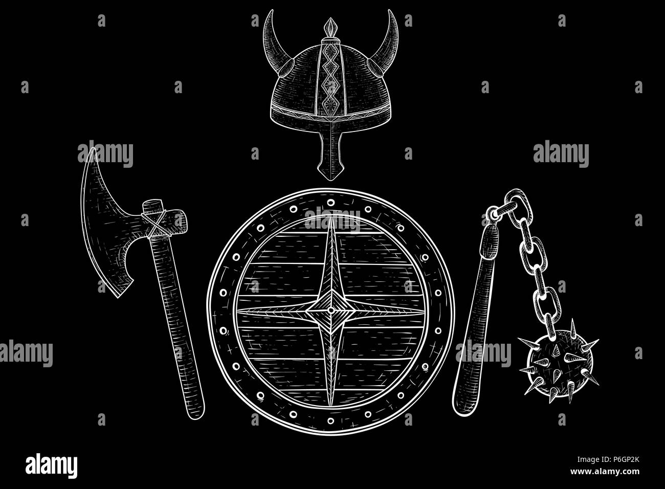 Viking Warrior Set Shield Axe Flail And Helmet Hand Drawn Sketch