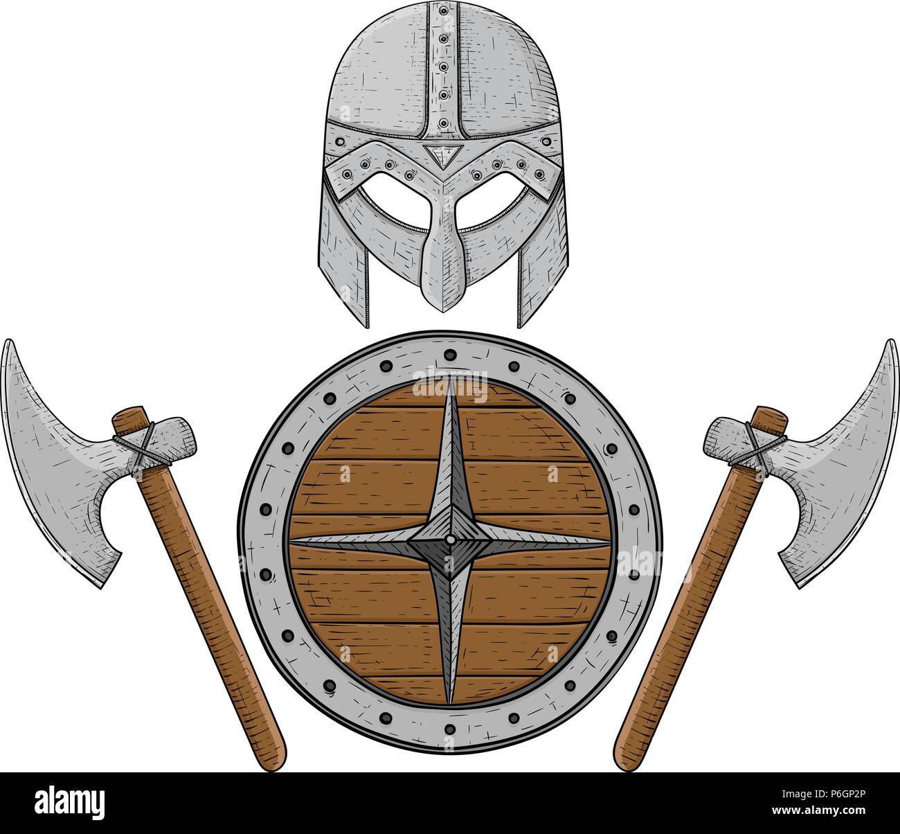 Viking axes, shield and helmet. Hand drawn colored sketch Stock Vector ...